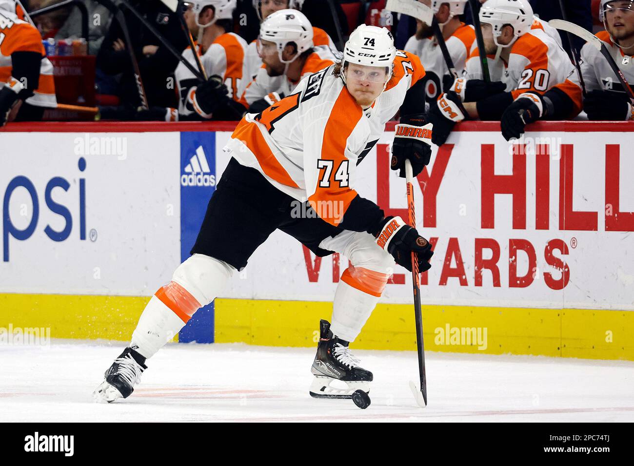 Philadelphia Flyers' Owen Tippett (74) skates with the puck against the ...