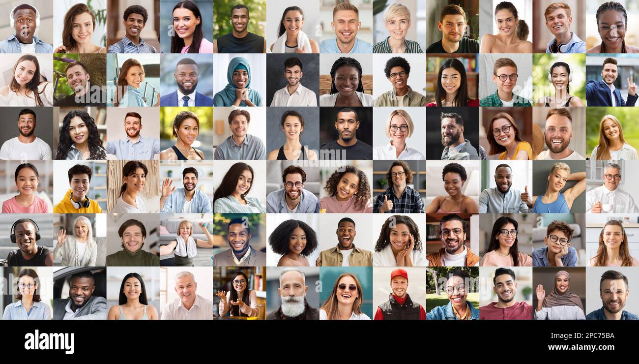 Happy multicultural people cheerfully smiling at camera, set of photos ...