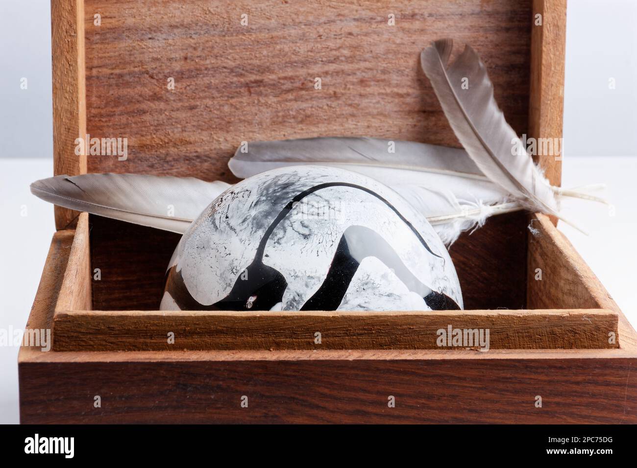 structured black and white glass sphere inside a wooden box isolated on ...