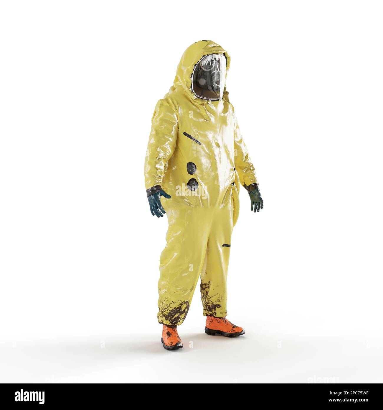 Man in yellow suit wearing protective gear and gas mask, 3D render ...