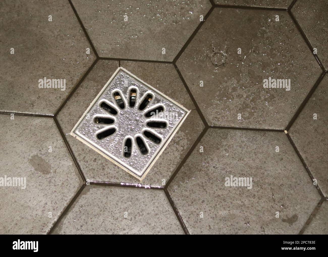 View of aluminium shower drain surrounded by hexagonal shaped tiled ...