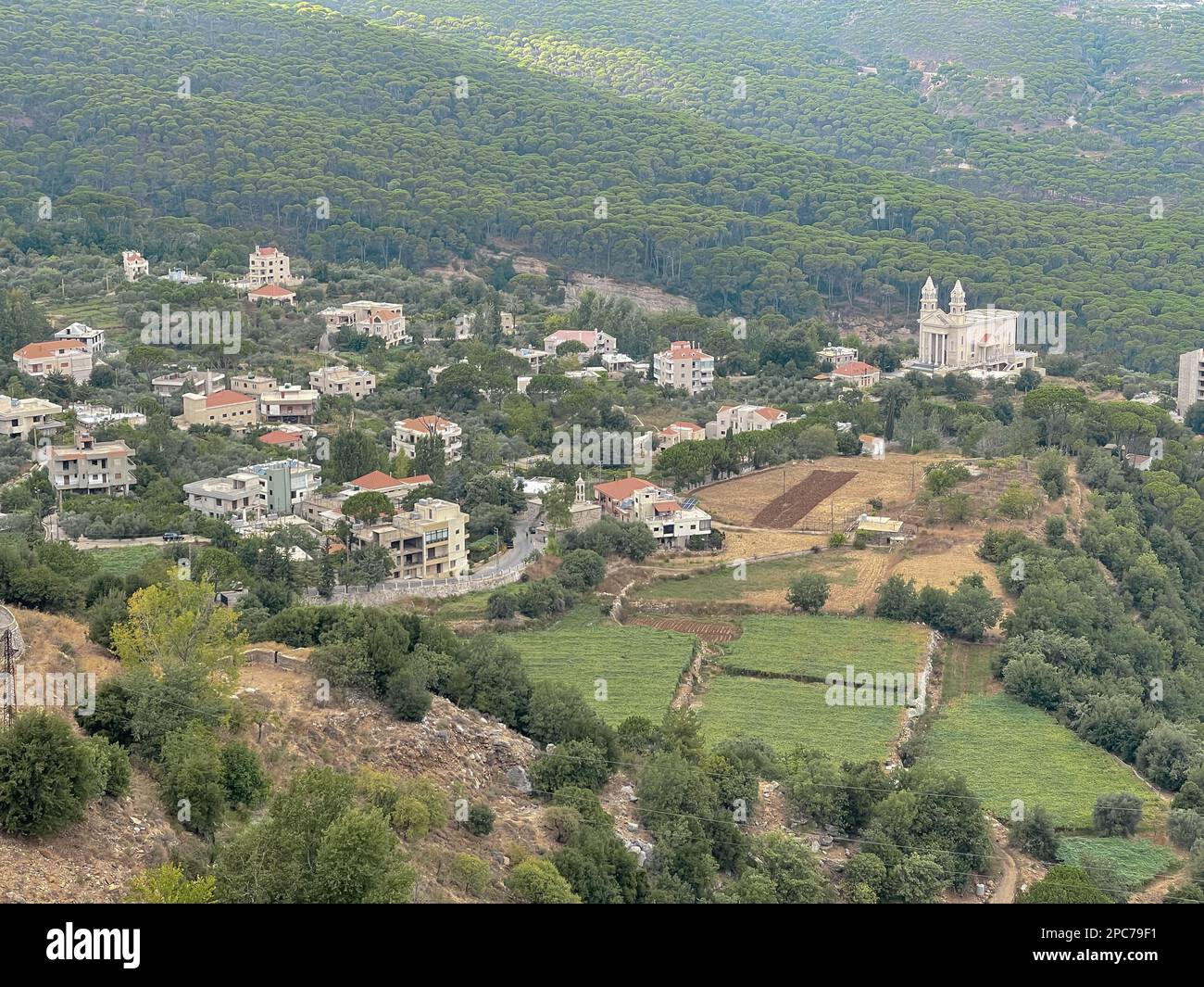 mountain top and nature view - Aerial view of Jezzine town in Lebanon ...