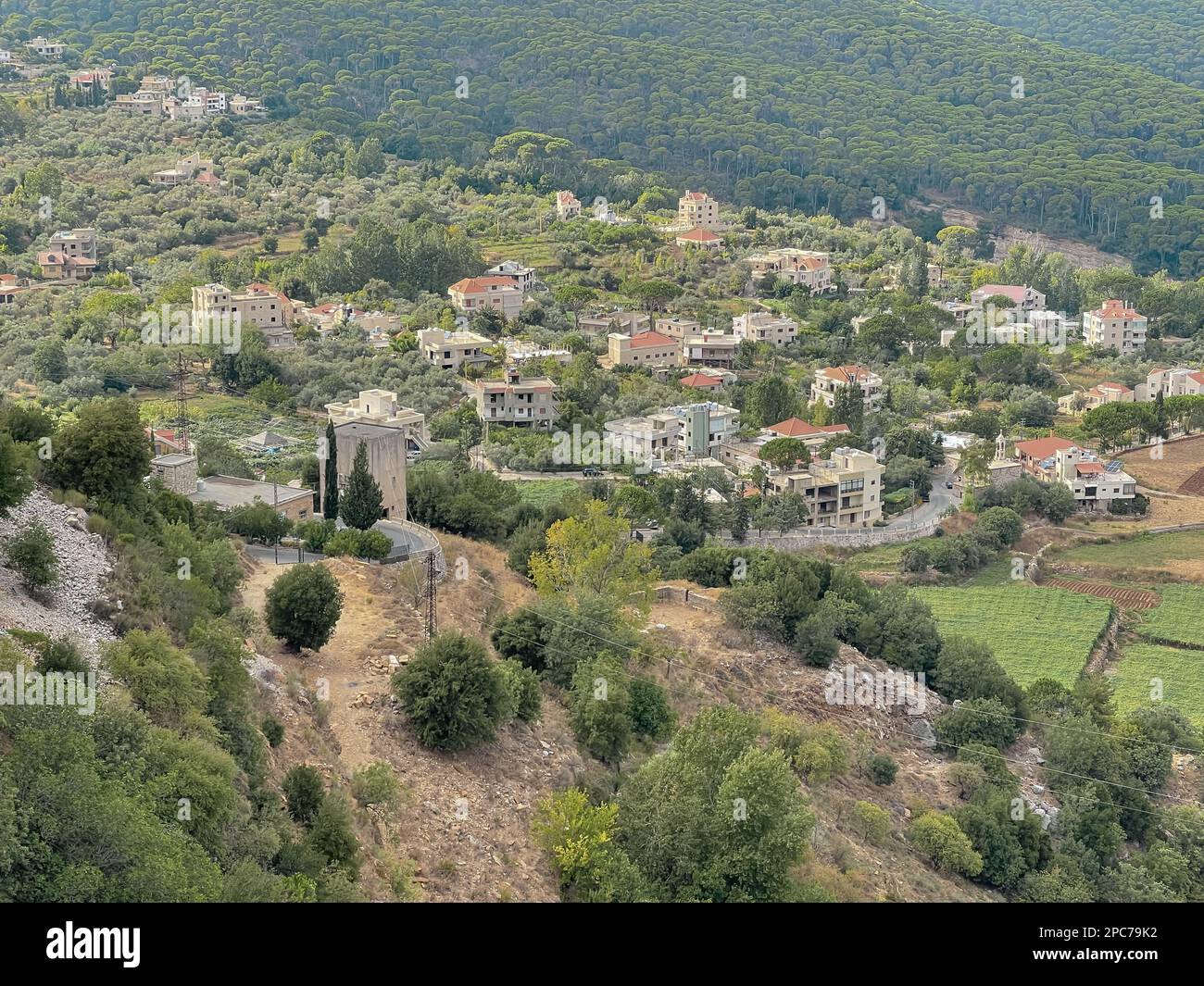 mountain top and nature view - Aerial view of Jezzine town in Lebanon ...