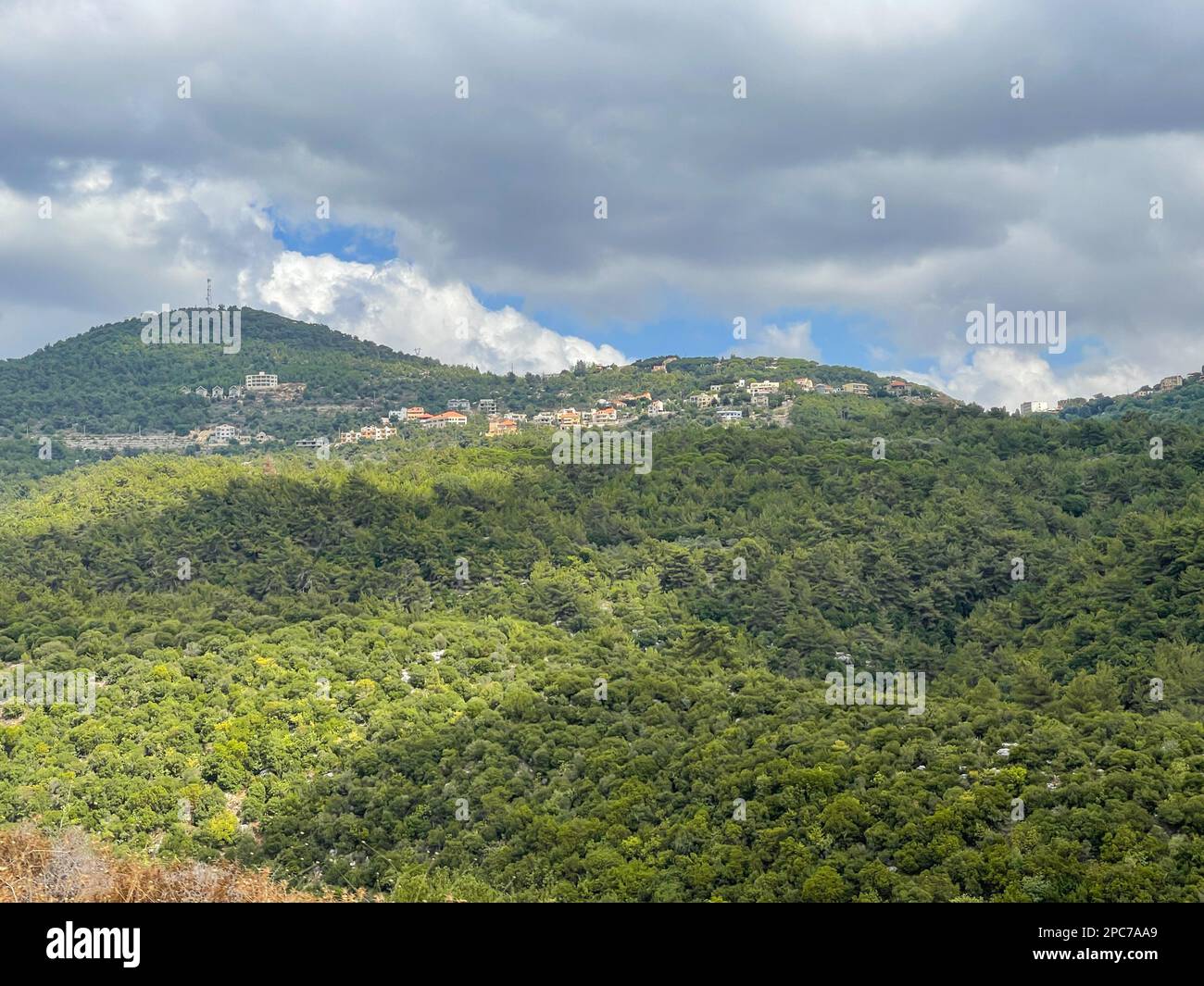 mountain top and nature view - Aerial view of Jezzine town in Lebanon ...
