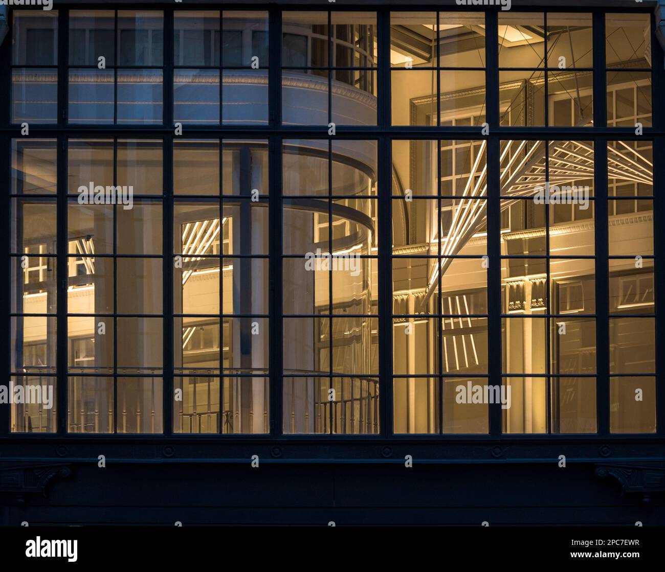 Abstract interior of a building seen through a large window, Soho ...