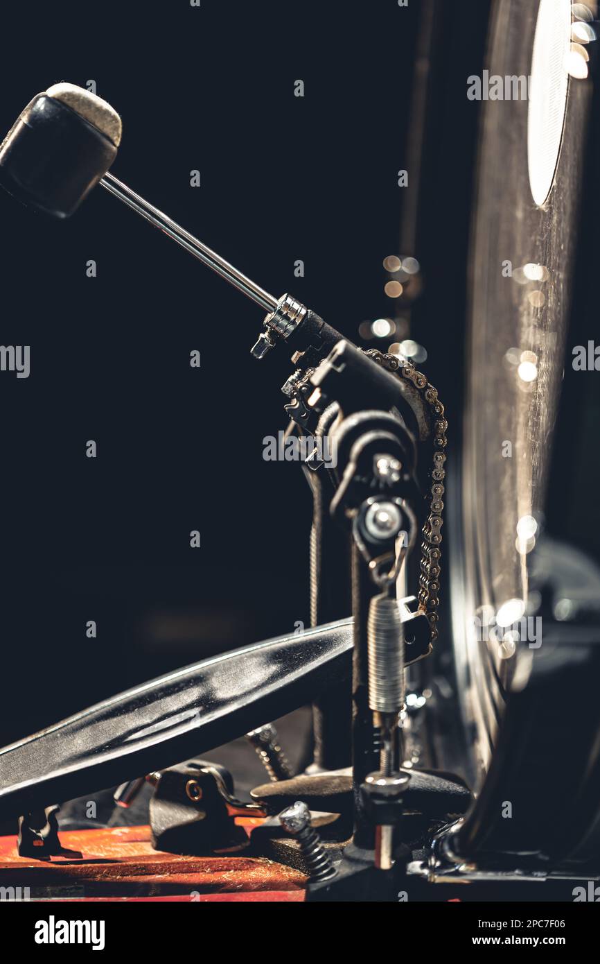 Bass drum with pedal, musical instrument on black background Stock ...
