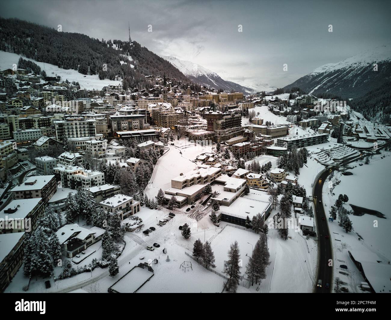 Drone view of Swiss Alps Saint Moritz snowy mountains lake Stock Photo ...