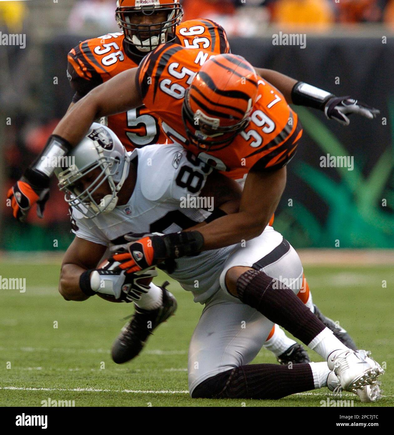 Oakland Raiders receiver Ronald Curry (89) is tackled by Cincinnati ...