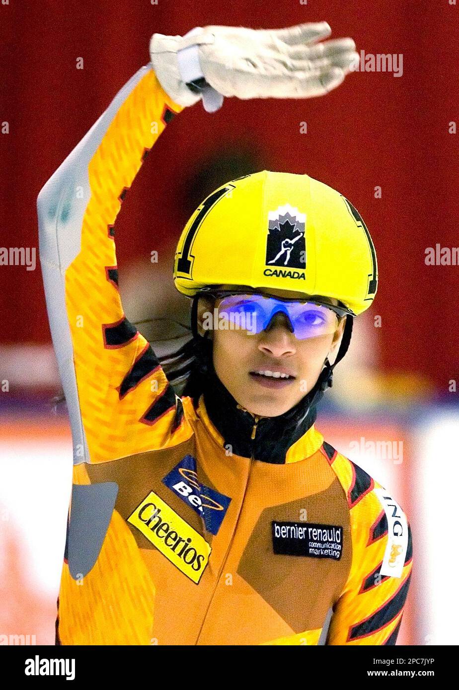 Kalyna Roberge, of Canada, celebrates her victory in the 500 meter ...