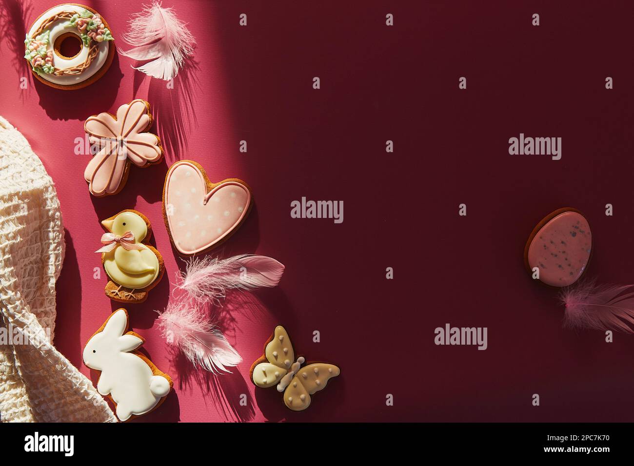 Easter background of Viva Magenta color with shadows and copy space ...