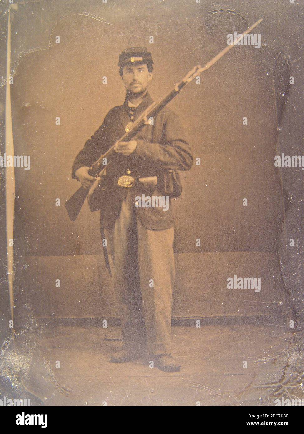 Unidentified soldier in Union sack coat and forage cap with bayoneted ...