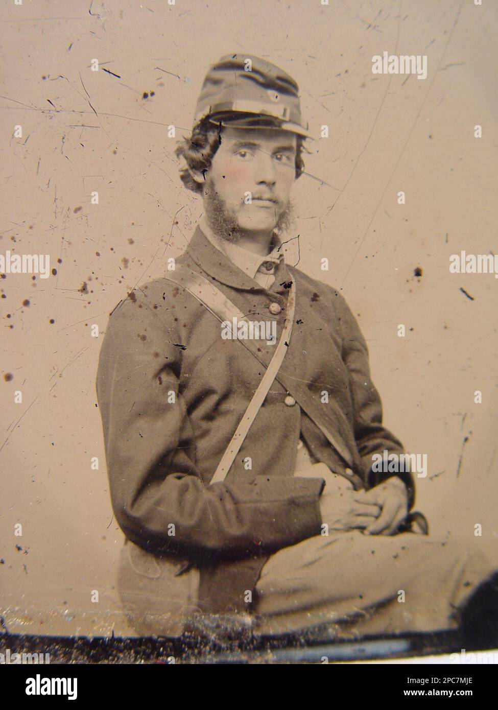 Unidentified soldier in Union uniform and forage cap with canteen ...