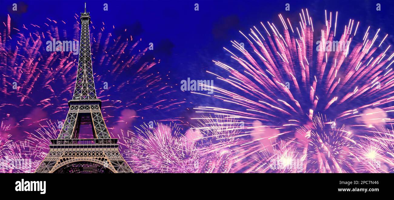 Celebratory colorful fireworks over the Eiffel Tower in Paris, France ...