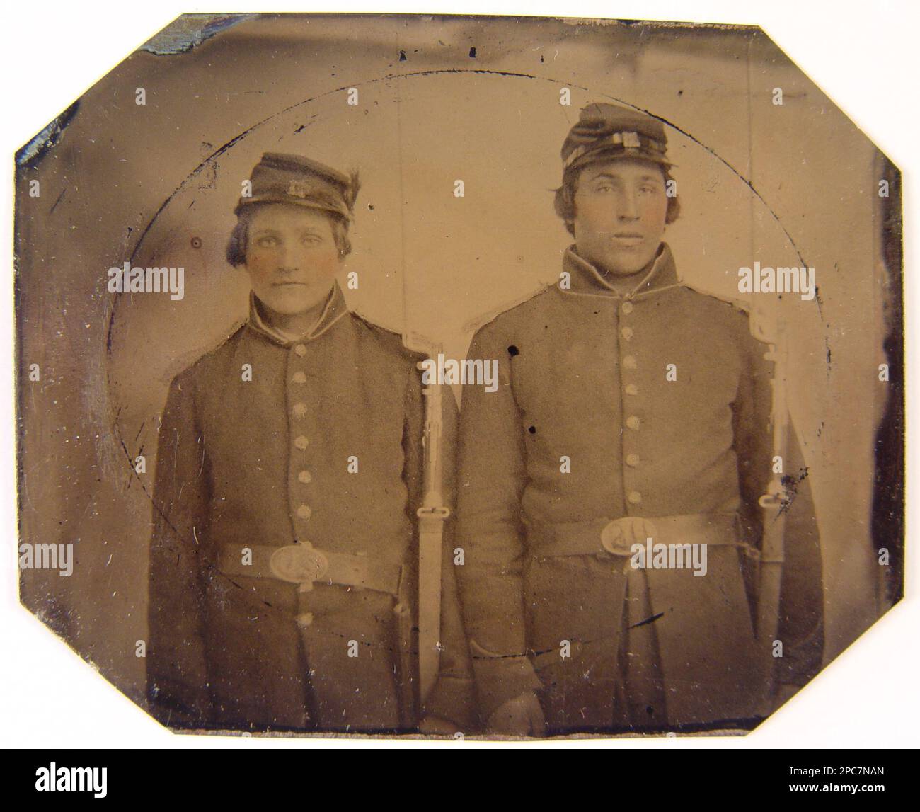 Two unidentified soldiers in Union uniforms and forage caps with ...