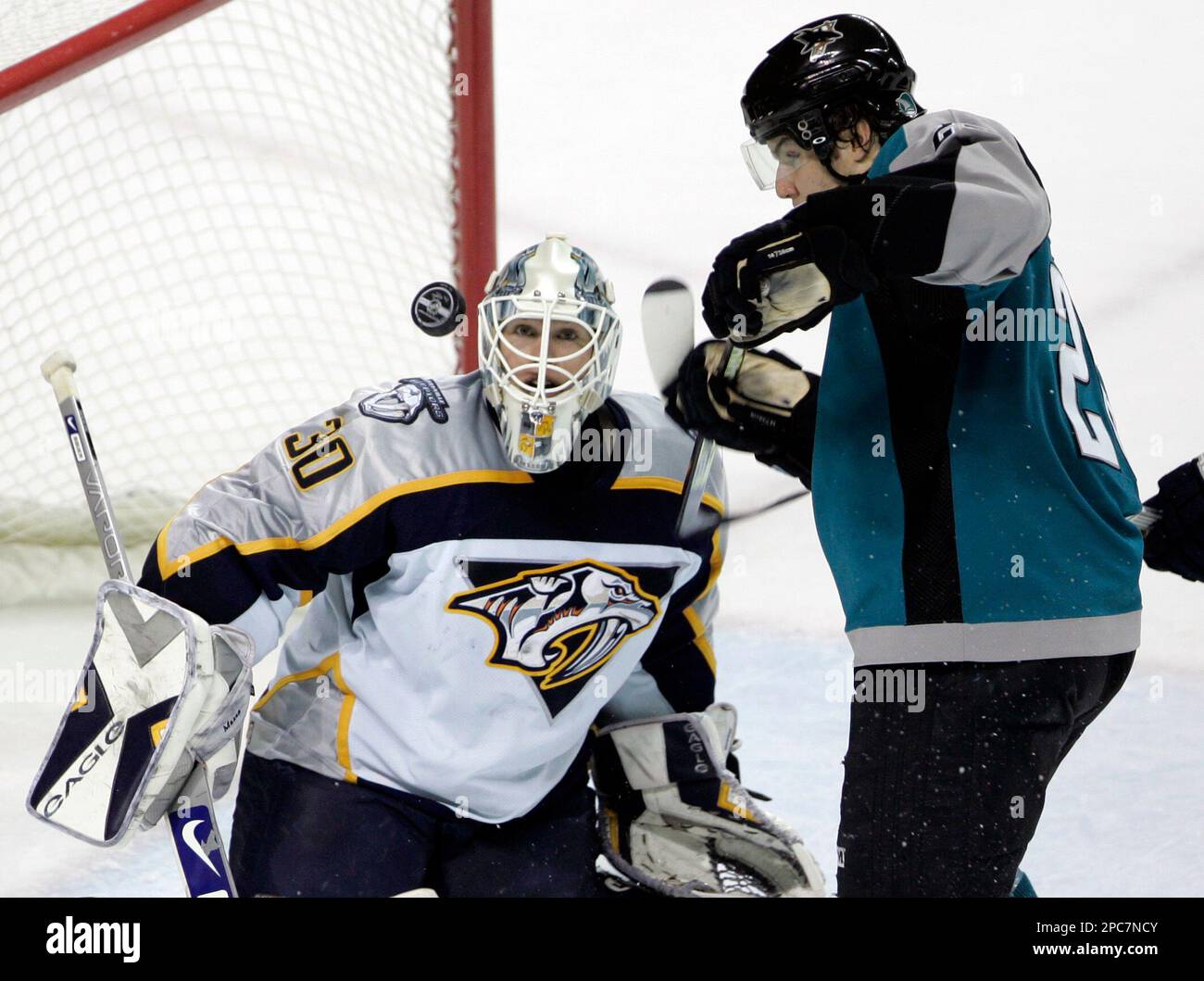 San Jose Sharks right wing Steve Bernier (26) is unable to score past ...