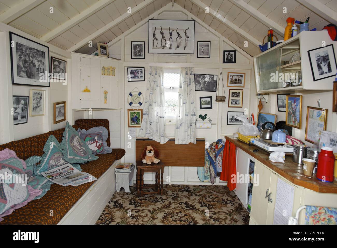 Interior of a seaside beach hut, Chapel Point, Chapel St Leonards ...