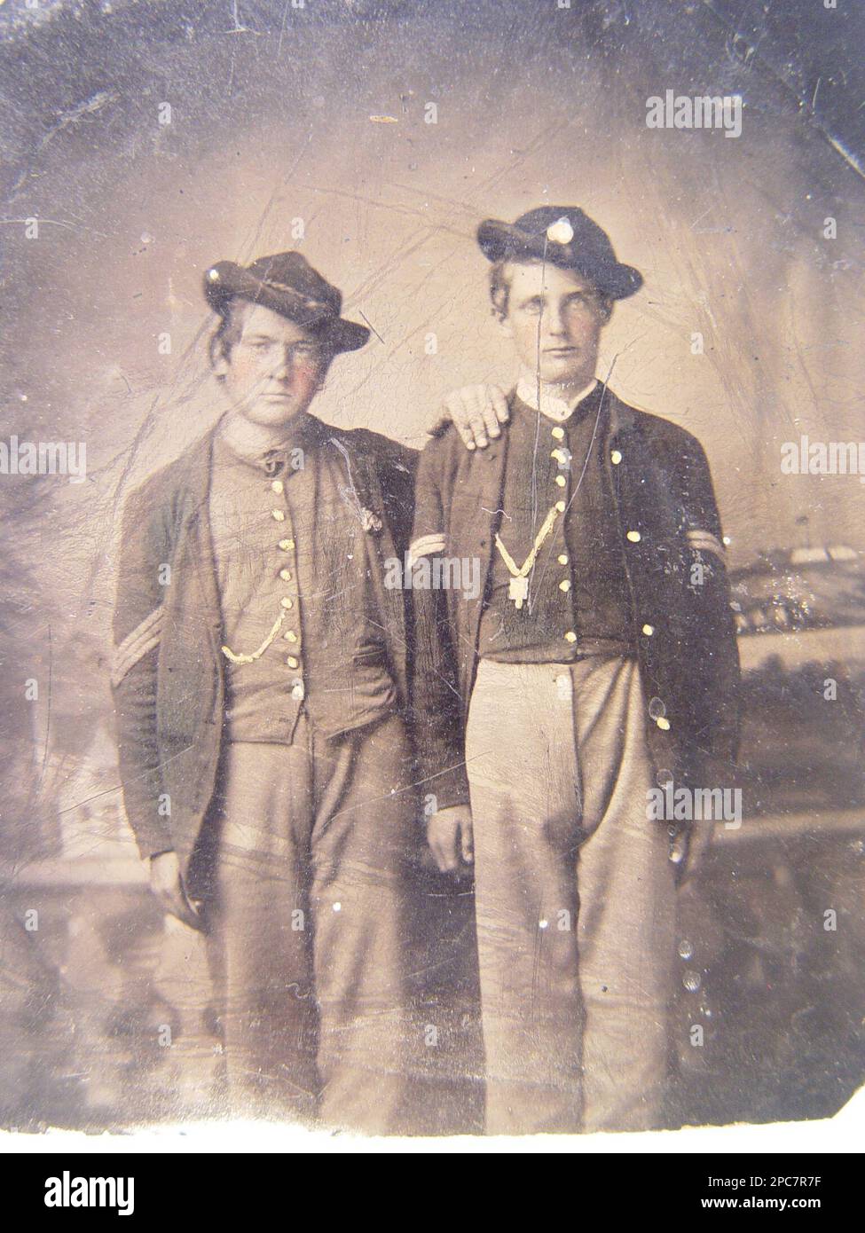 Two unidentified soldiers in Union uniforms and slouch hats in front of ...