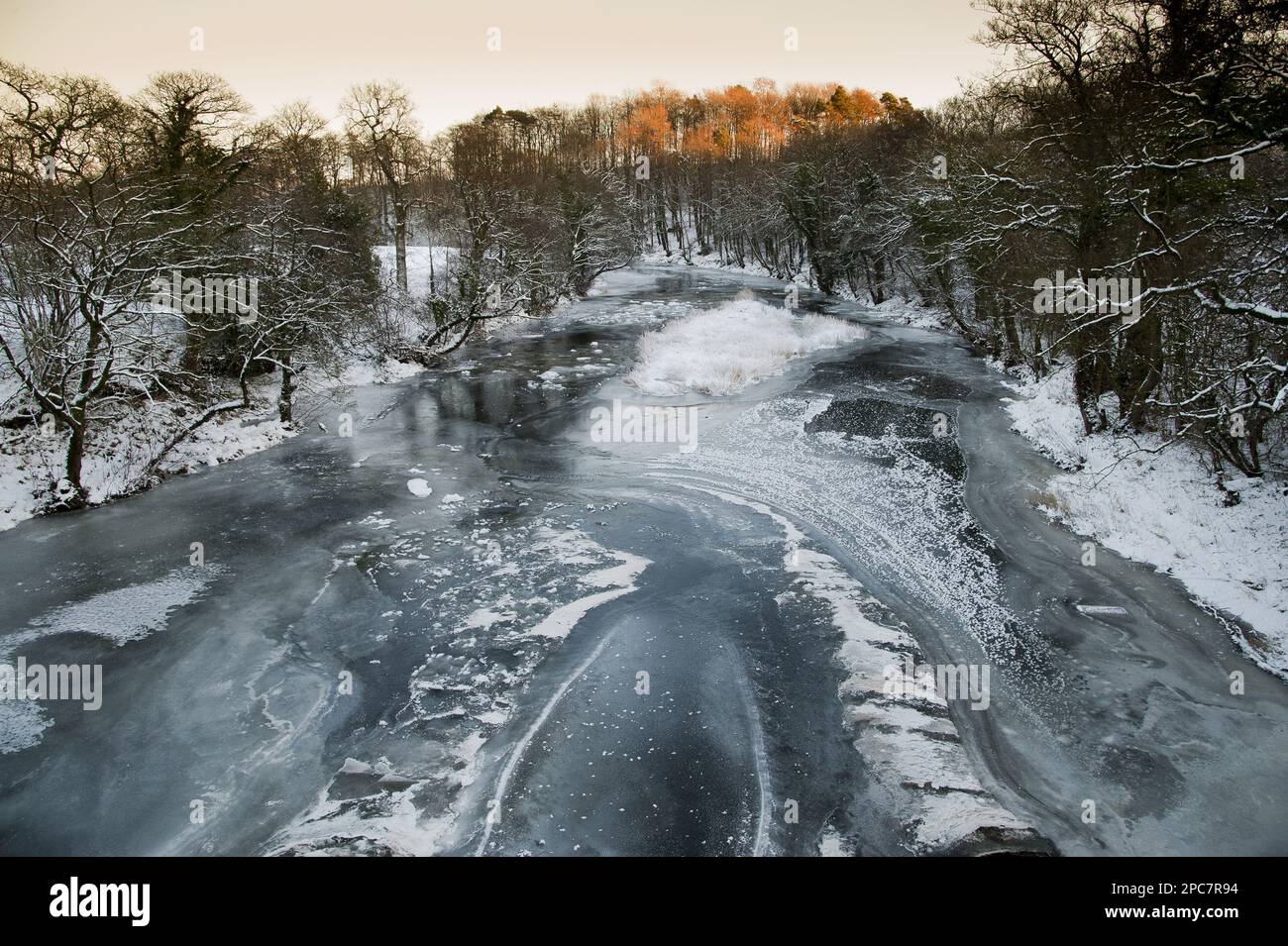 View of the frozen river habitat, River Hodder, from Doeford Bridge ...