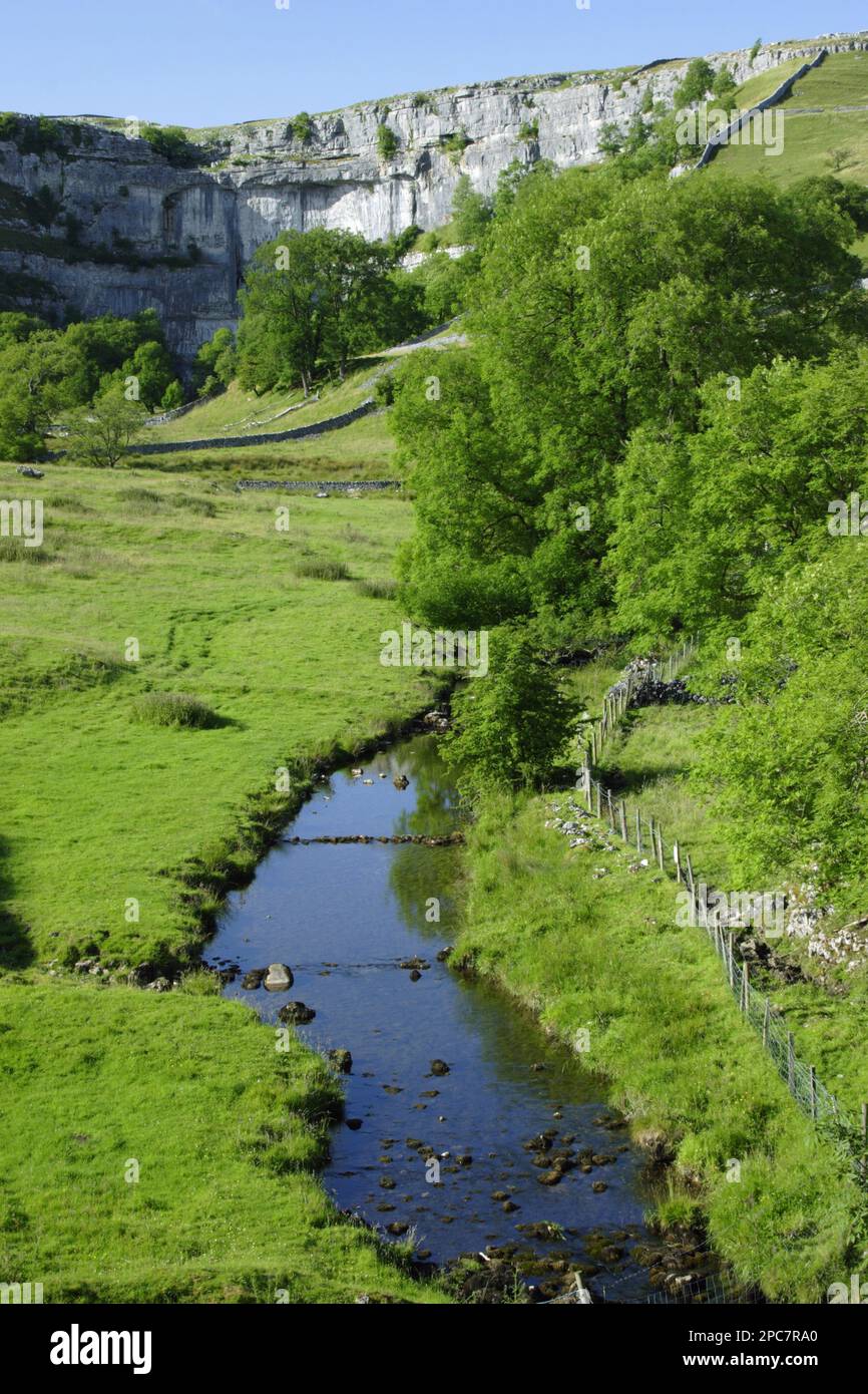 View of stream and limestone cliffs, Malham Cove, Malhamdale, Yorkshire ...