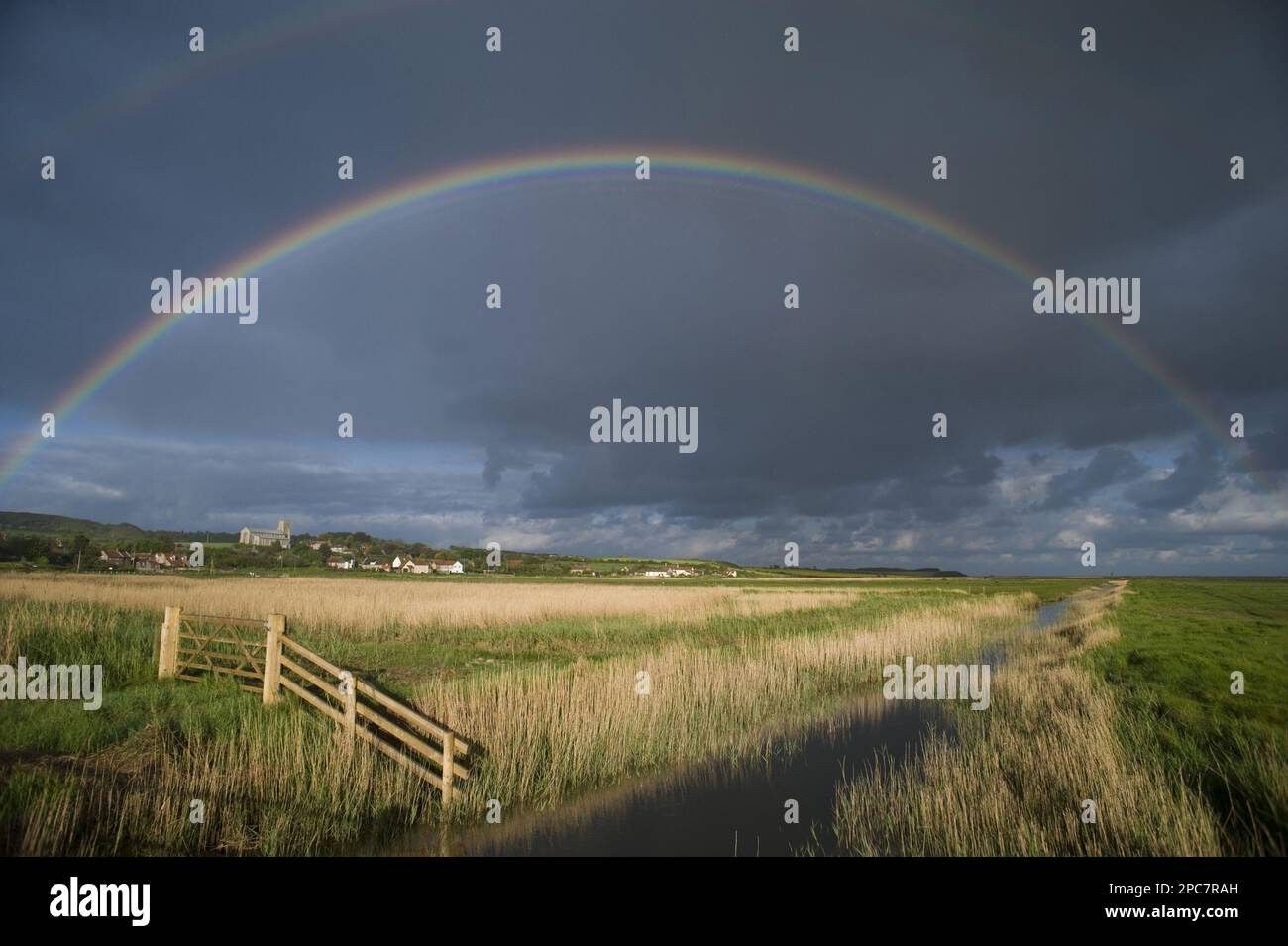 Rainbow over coastal willow marsh habitat, Salthouse, North Norfolk ...
