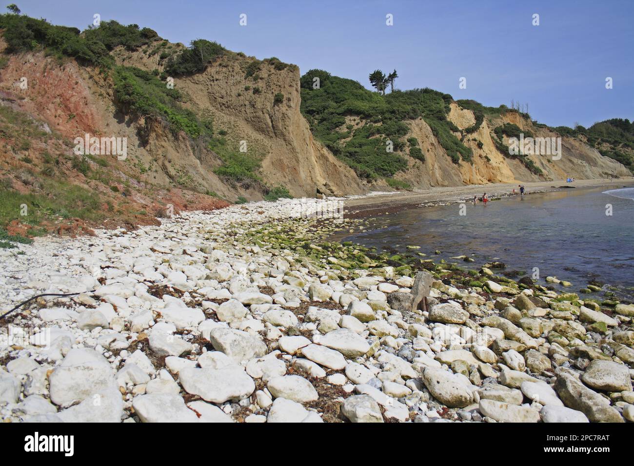 Chalk rocks on beach, with eroded sand and clay sea cliffs, Whitecliff ...