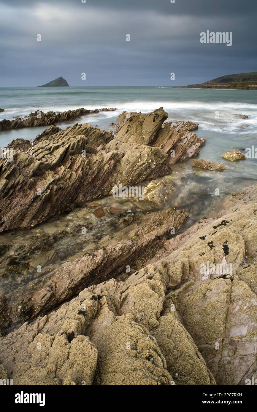 View of rocky beach, the distance, Bay, Devon, England, March, with ...