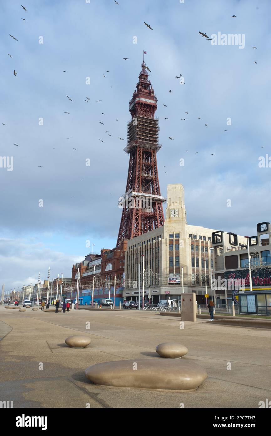 New promenade development in seaside resort, Blackpool Tower in ...