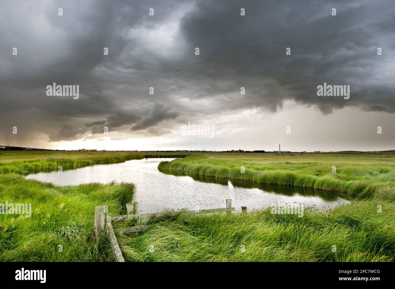 Storm clouds over a pond in coastal grazing marsh habitat, Elmley ...