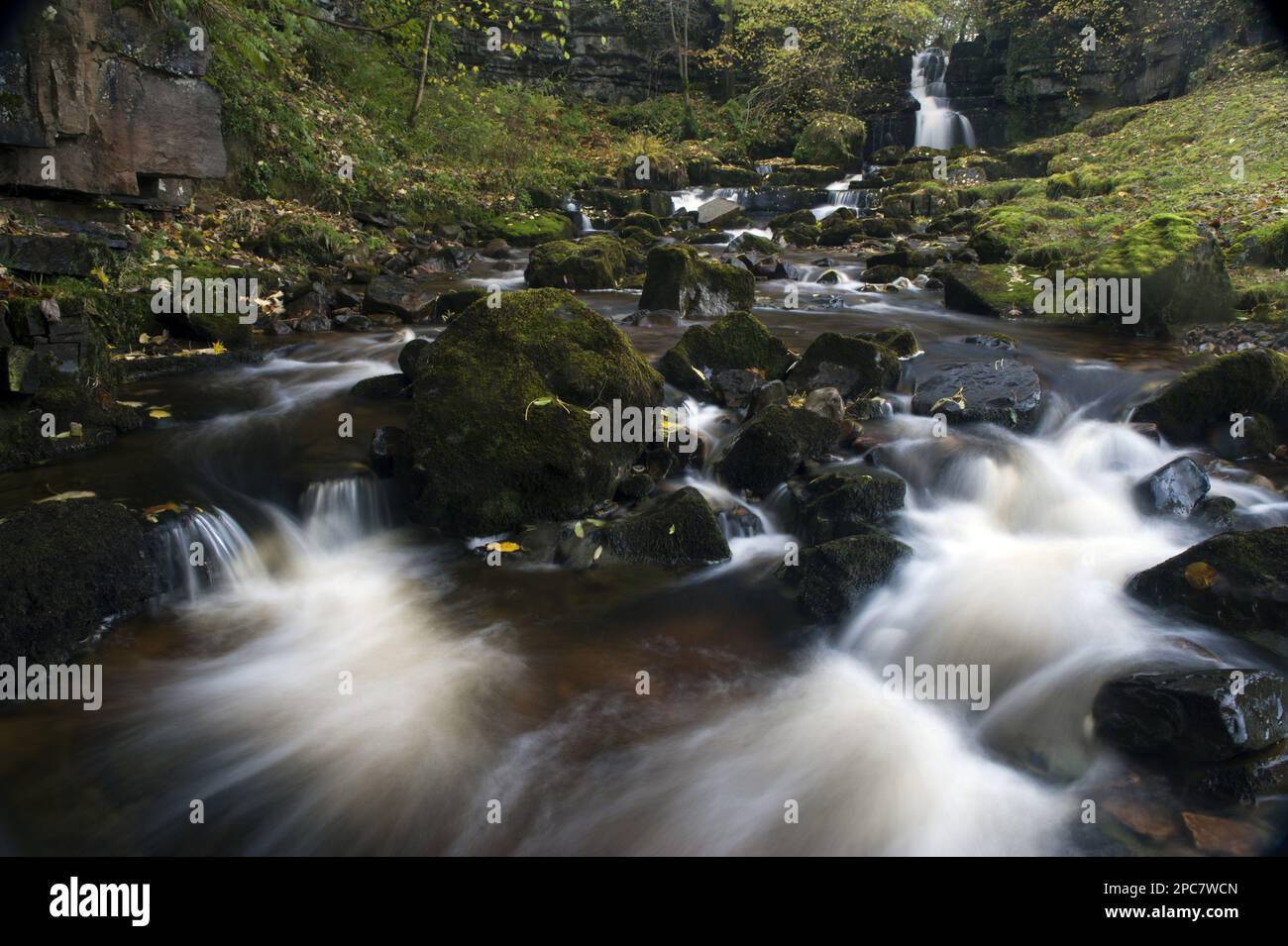Fast-flowing river, cascades and waterfall, Scar House Falls, between ...