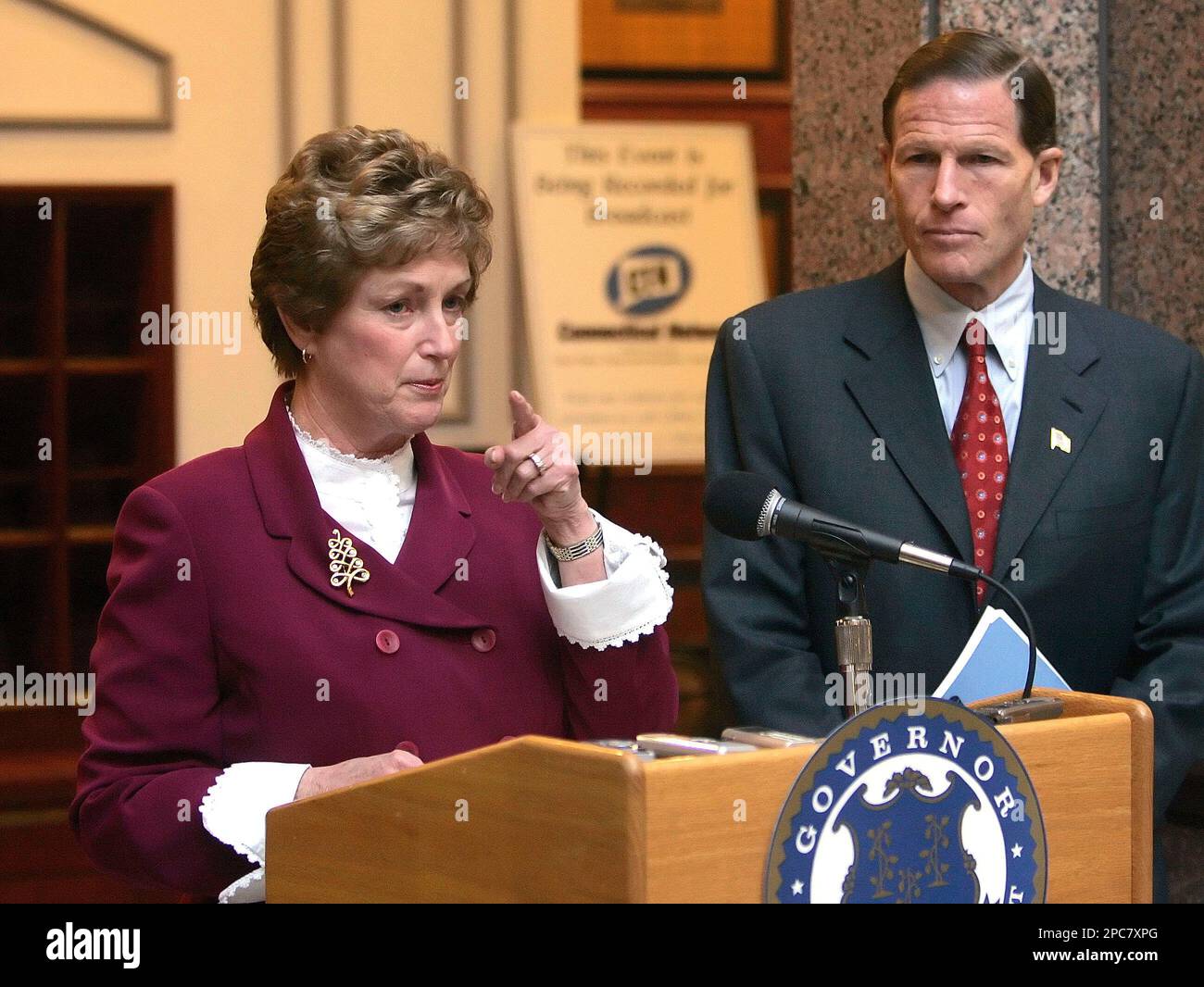 Connecticut Gov. M. Jodi Rell, left, speaks at a news conference at the ...