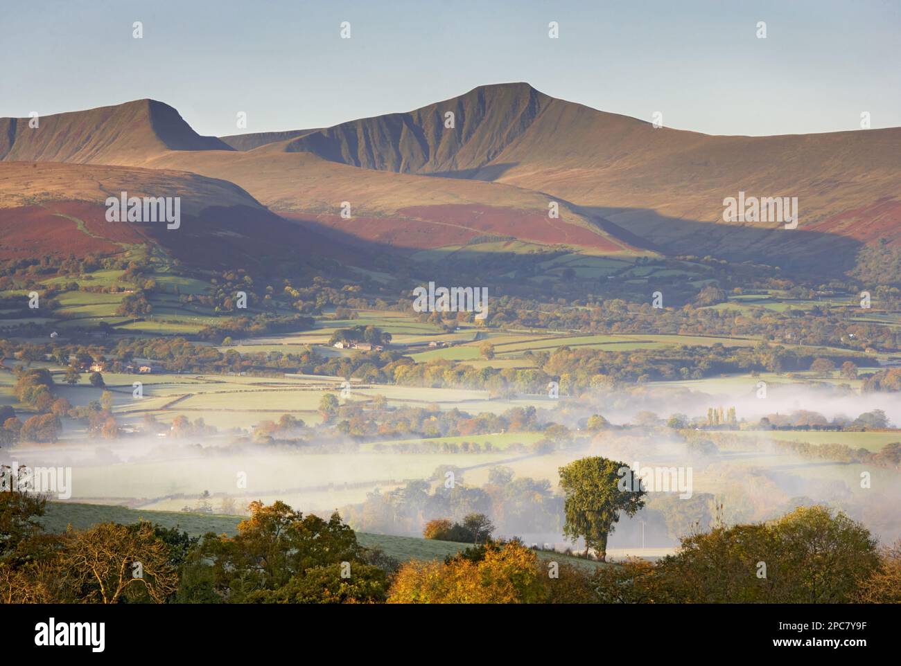 View of farmland and hills at sunrise, seen from the Llangorse ...