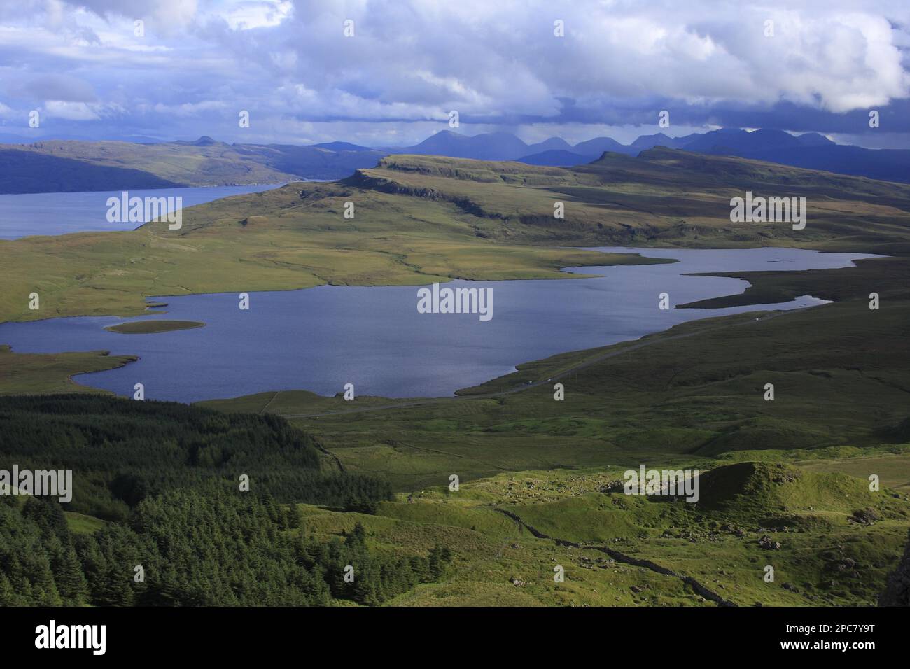 View of upland landscape with loch, Loch Leathan, Storr, Trotternish ...