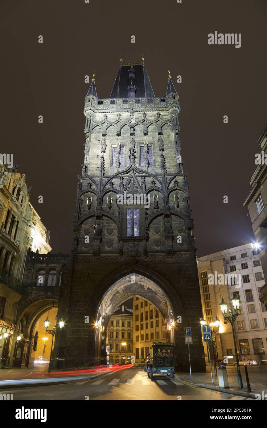 Gothic city gate tower illuminated at night, Powder Tower, Prague, Czech Republic, Europe Stock ...