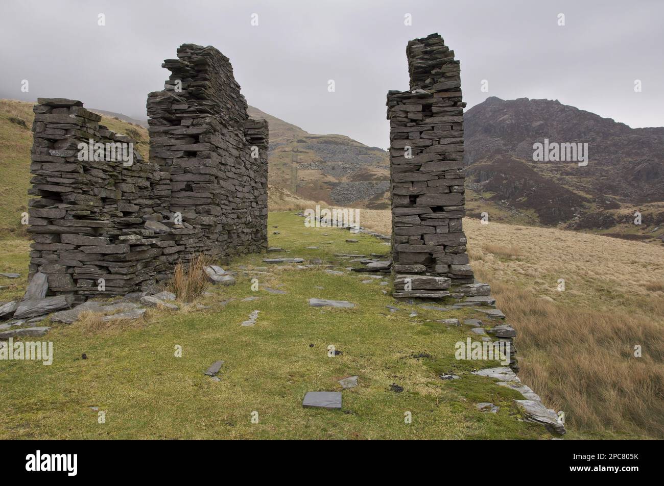 Ruins and tramway in abandoned slate mine, Cwm Pennant, Snowdonia ...