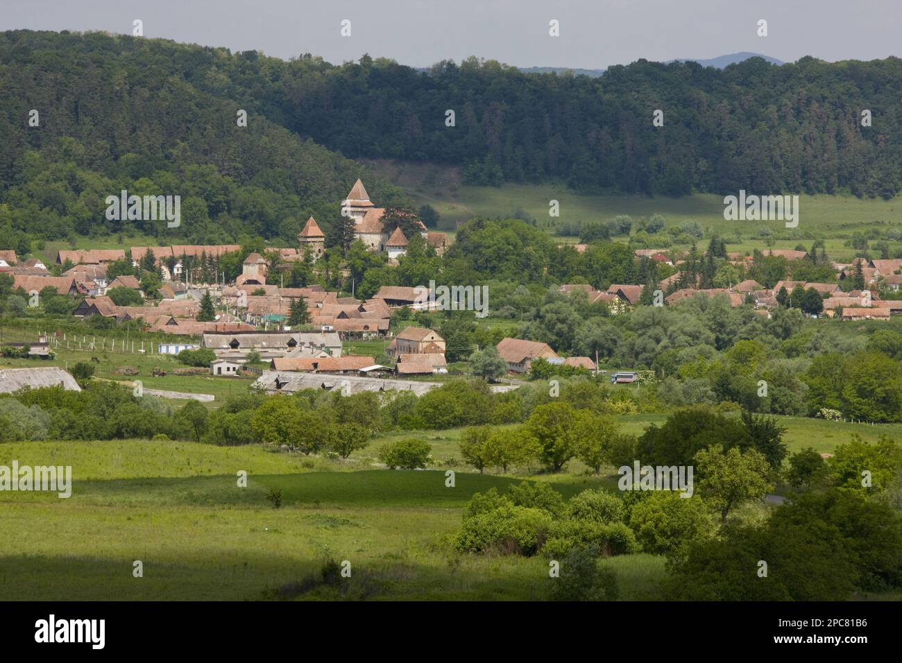 Saxon village surrounded by grassland and forest, Apold, Transylvania ...