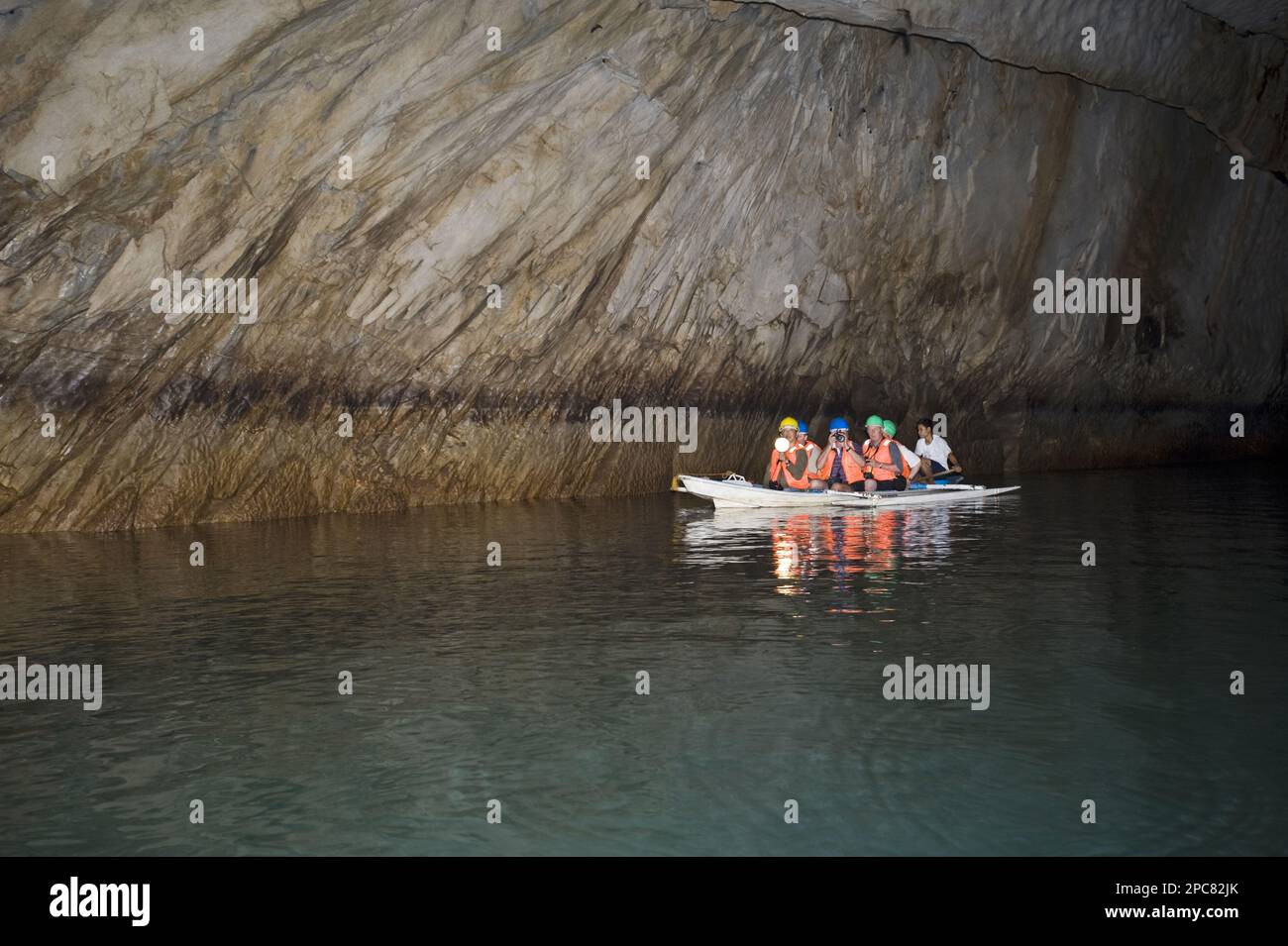 Tourist boat in cave on underground river, Puerto Princesa Subterranean River N. P. Saint Paul ...