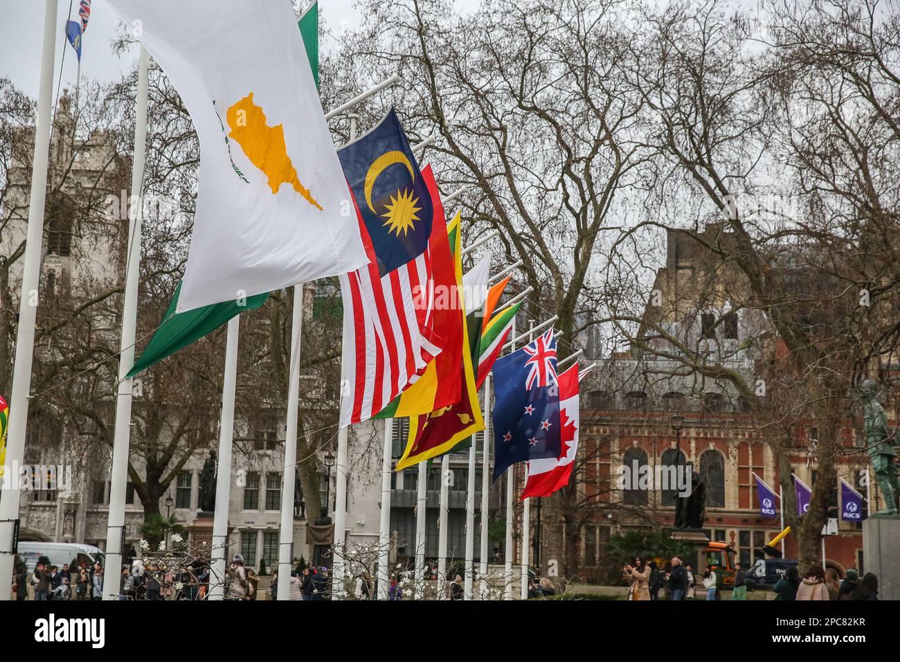 London, UK. 13th Mar, 2023. Flags of the 56 nations of the Commonwealth ...