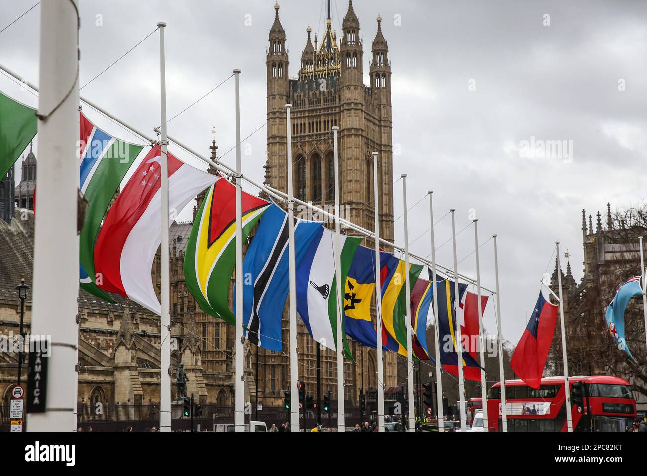 London, UK. 13th Mar, 2023. Flags of the 56 nations of the Commonwealth ...
