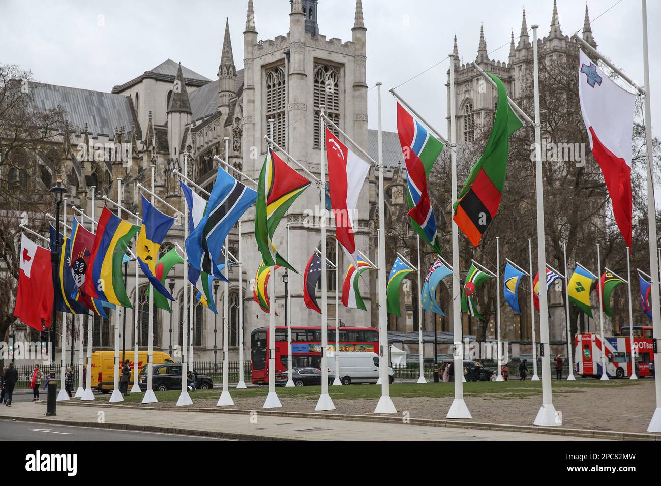 London, UK. 13th Mar, 2023. Flags of the 56 nations of the Commonwealth ...