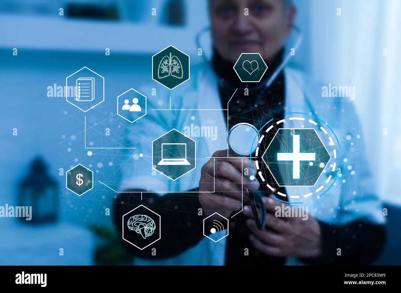 Medicine doctor touching electronic medical record on tablet. DNA ...