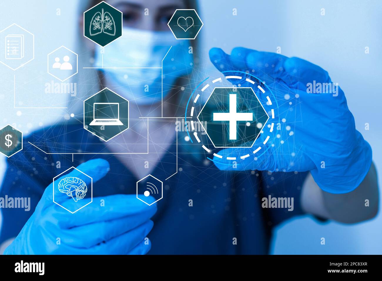 Medicine doctor touching electronic medical record on tablet. DNA ...
