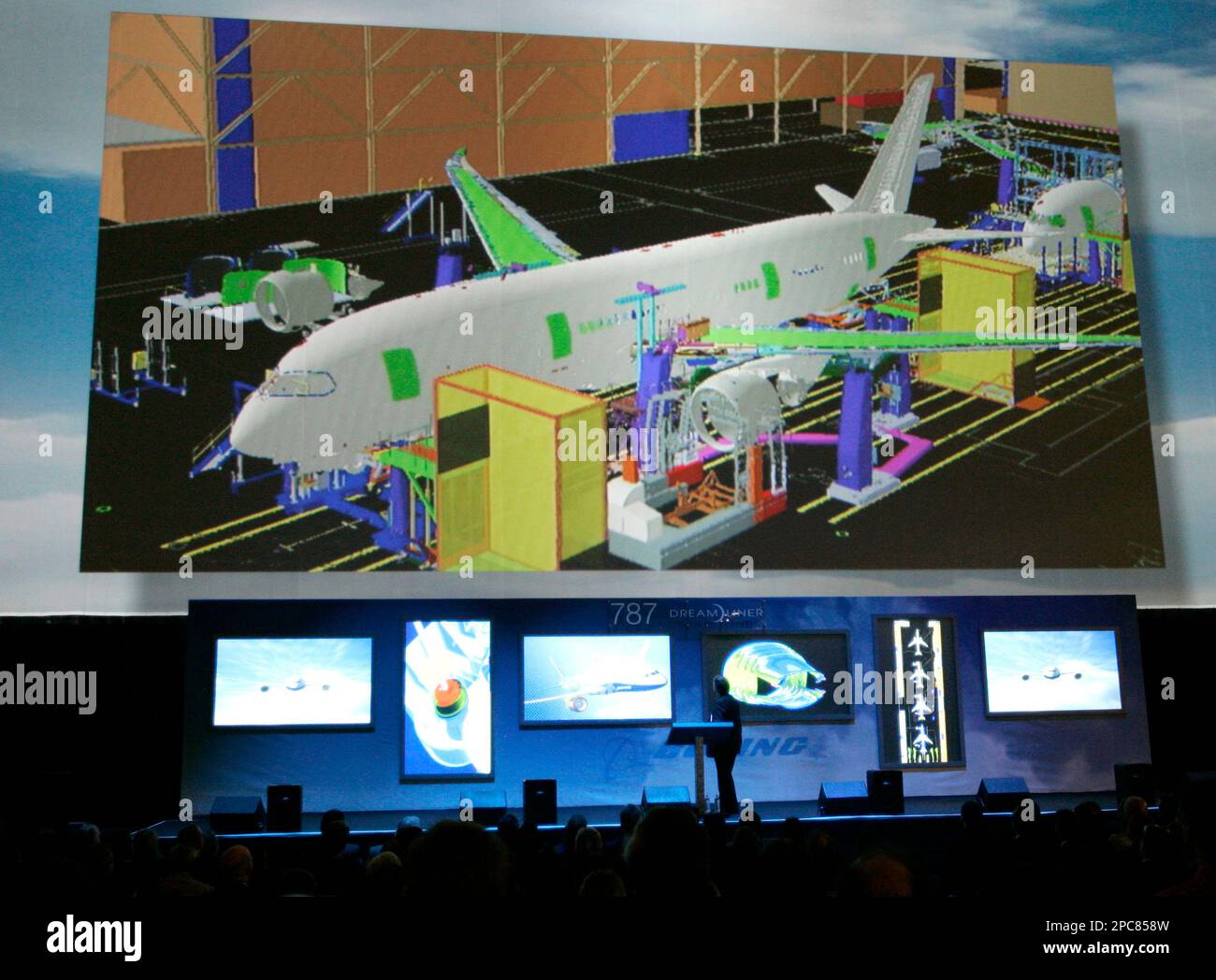 A computer simulation of the assembly of Boeing Co.'s new 787 airplane ...
