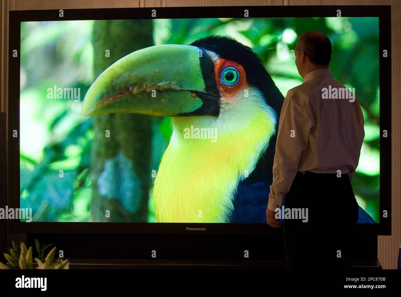 A Panasonic employee inspects the image on the screen of a 103 inch ...