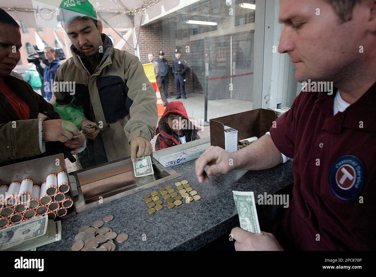 Massachusetts Bay Transportation Authority worker Joseph Hawe, right ...