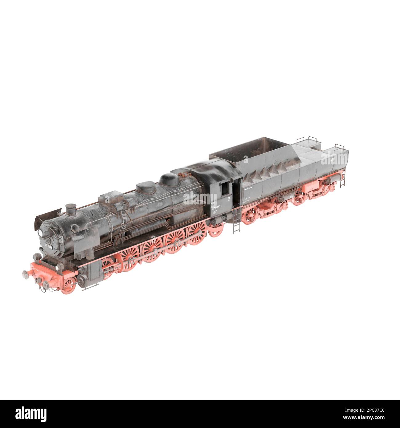 A closeup of an old vintage locomotive model isolated on a white ...
