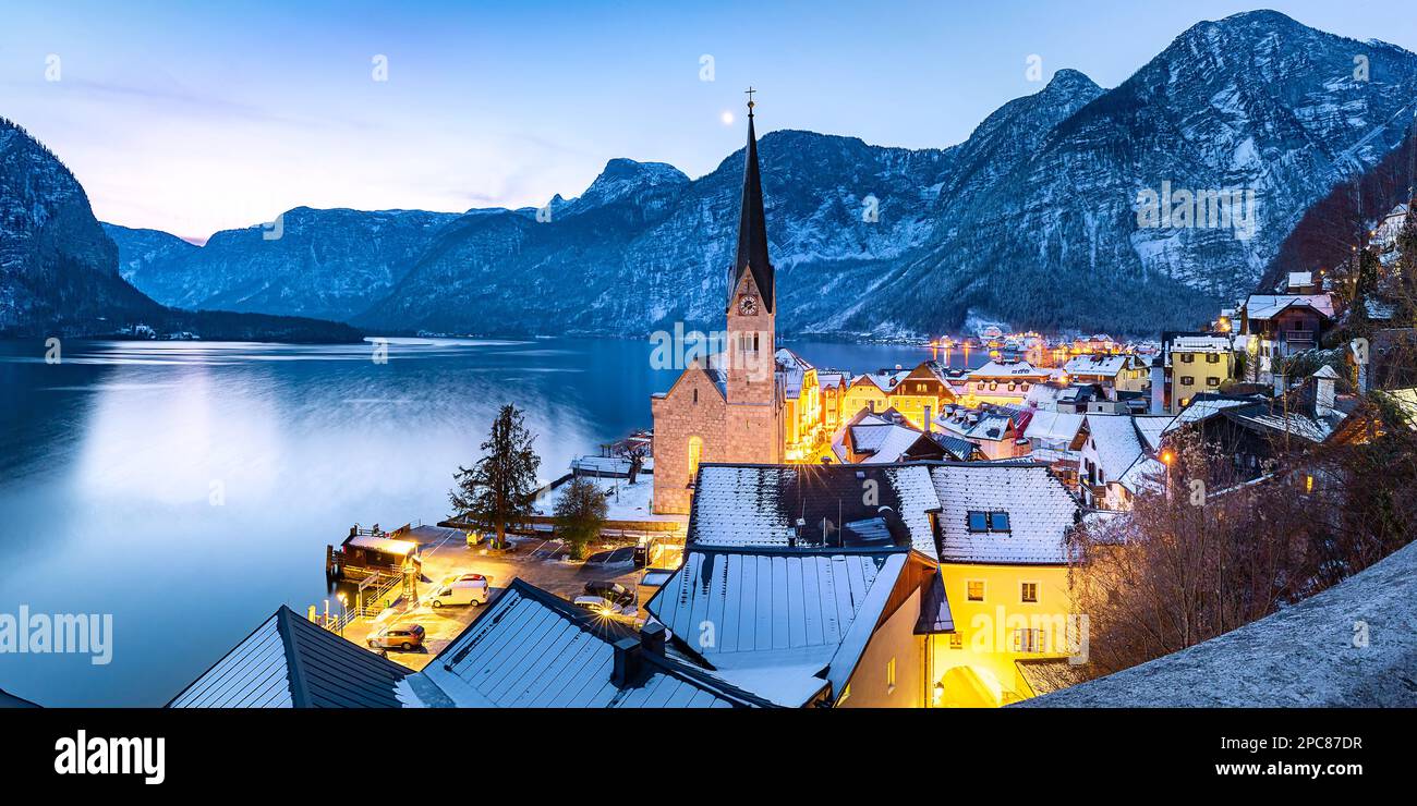 Famous Hallstatt mountain village in the Austrian Alps at sunrise, Austria Stock Photo - Alamy