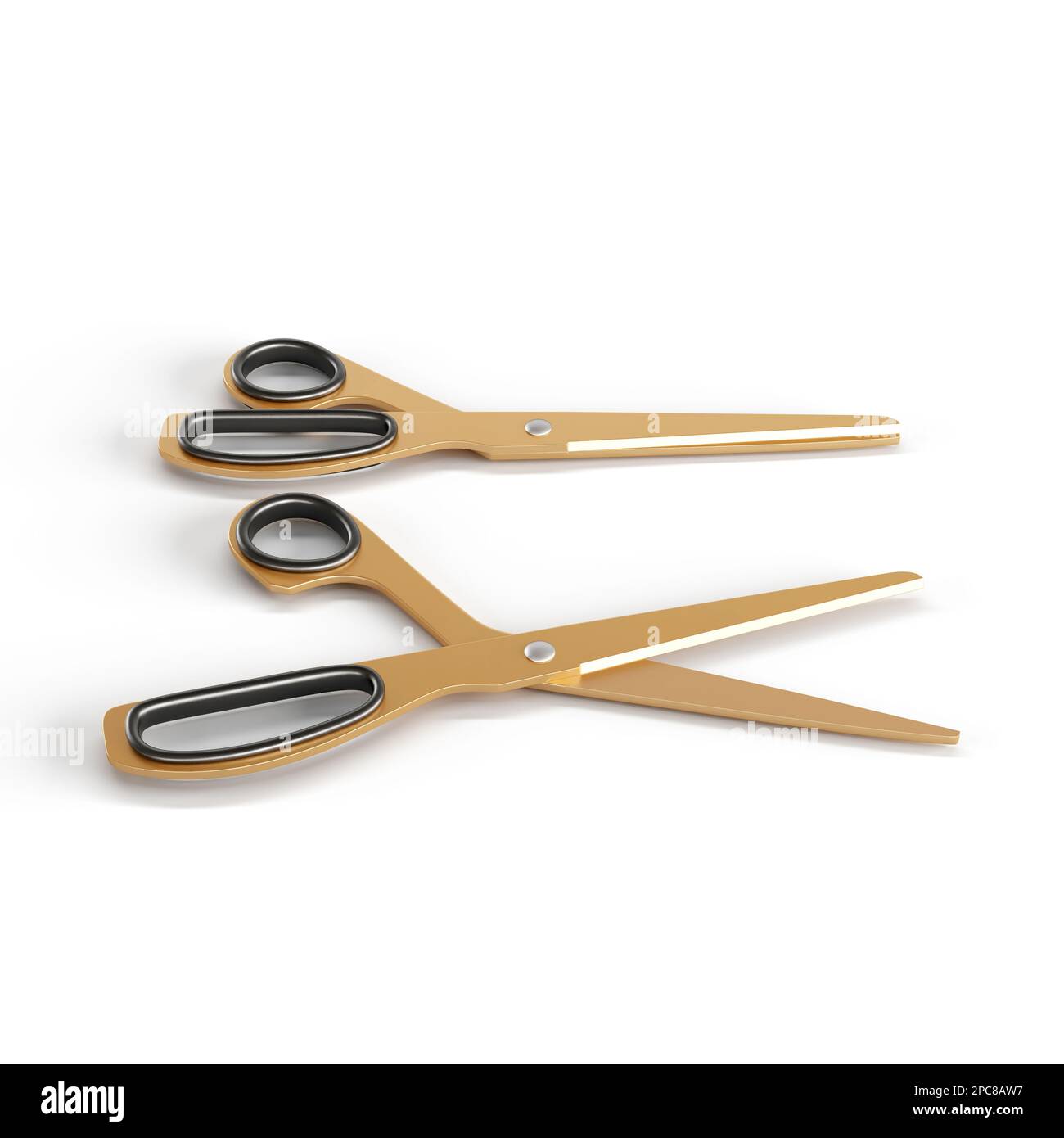 A pair of gold-plated scissors sits atop a white surface, with a plain ...
