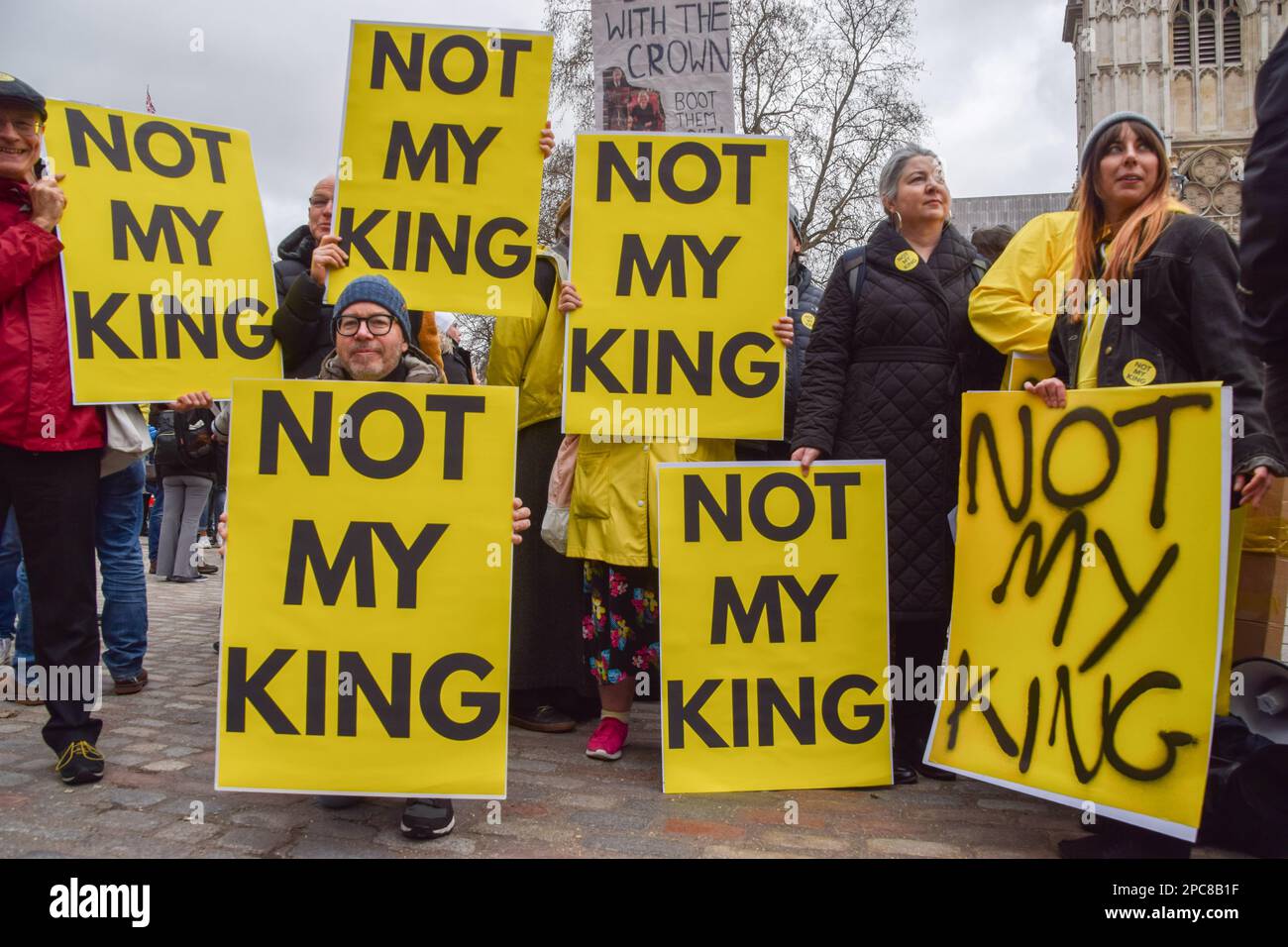 London, UK. 13th March 2023. Anti-monarchists gathered with Not My King signs outside ...