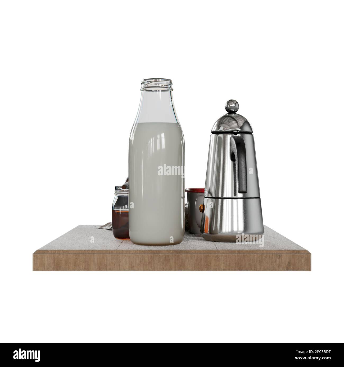 A close-up image of a coffee machine with a cup, milk and creamer ...