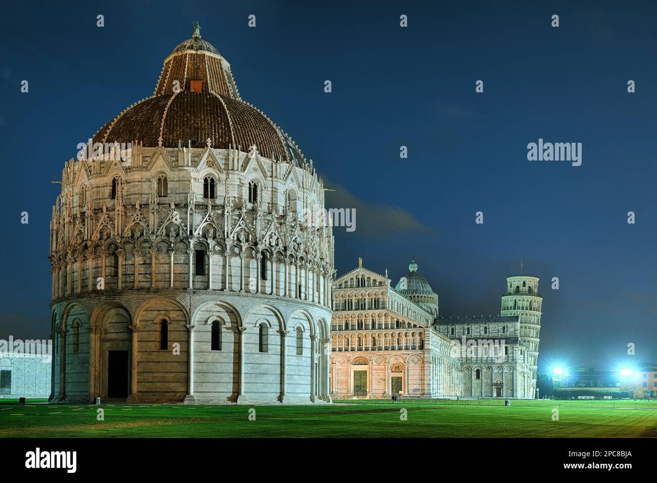 Pisa Miracles Square with Leaning Tower Illuminated Panorama Tuscany ...